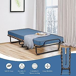 HAPPYGRILL Fold Away Bed, Fold Up Bed with Comfortable Memory Foam Mattress, 4 Universal Wheels, Sturdy Steel Frame,Potable Fold Up Bed for Home & Office, Folding Bed