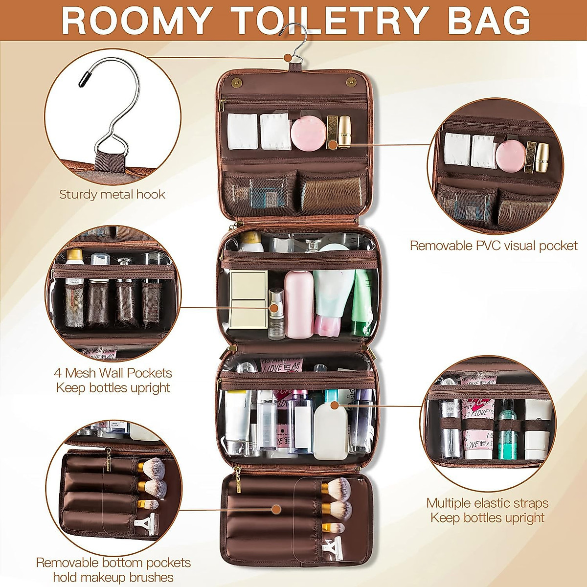Elviros Hanging Toiletry Bag Removable Travel Bag PU leather Makeup Cosmetic Organizer Kit, Dark Brown