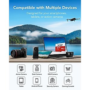 Lexar E-Series 64GB Micro SD Card, microSDXC UHS-I Flash Memory Card with Adapter, 100MB/s, C10, U3, A1, V30, Full HD, 4K UHD, High Speed TF Card