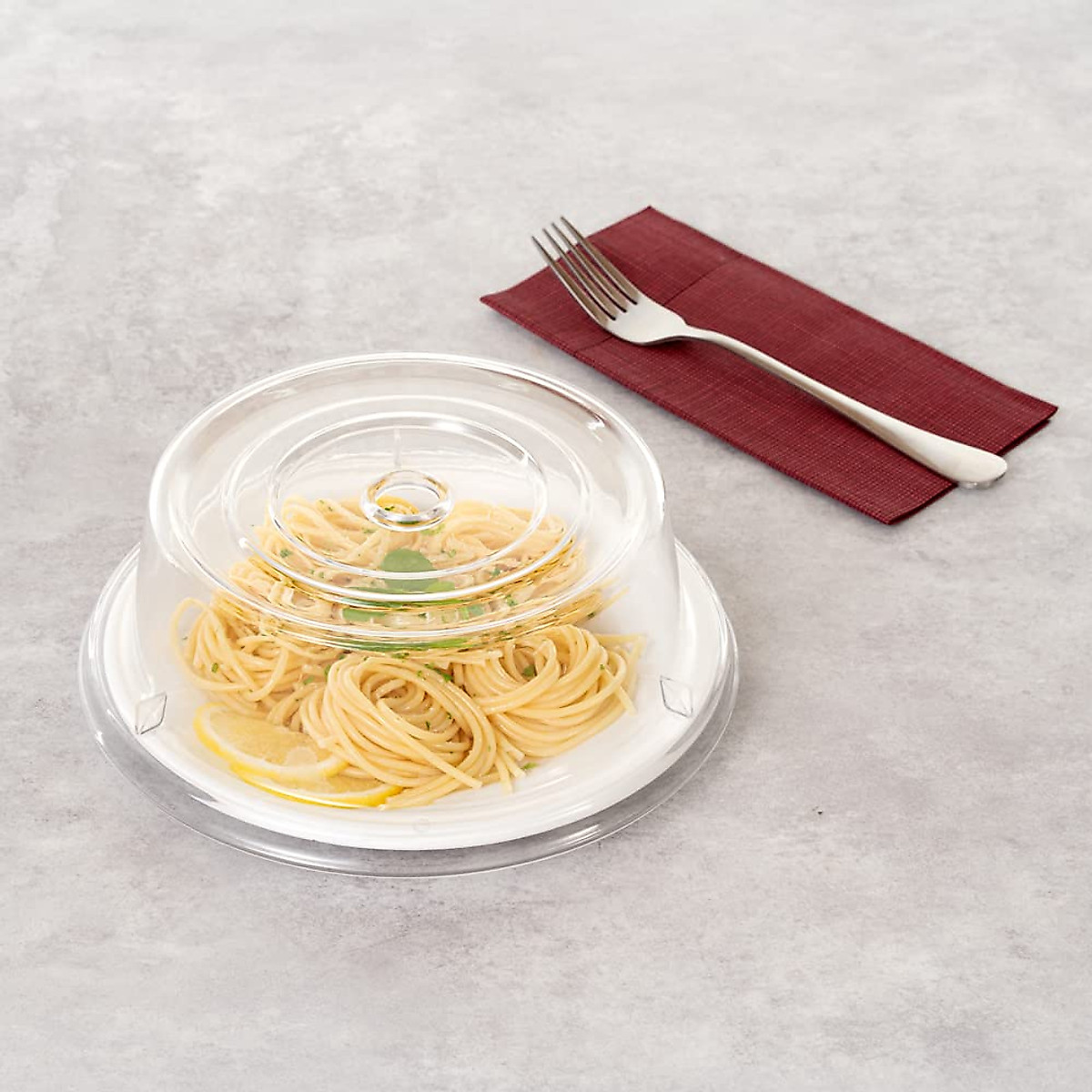 Restaurantware Cater Tek 8.5 Inch Polycarbonate Plate Cover 1 Shatterproof Dish Cover - Dishwashable For 8-Inch Plates Clear Plastic Splatter Cover Finger Hole Design Endures Up To 210F