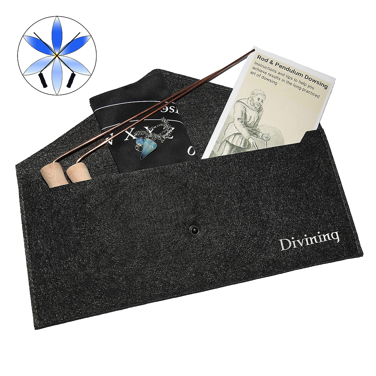 On The Fly Dowsing Kit with Pure Copper Rods and Rose Quartz Pendulum | to Start | Wooden Handles | Paranormal, Underground Resources, Answers to Questions | Made in USA