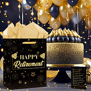 Retirement Gift Bag Happy Retirement Gift Wrapping Paper Bag with Tissue and Funny Retirement Card Black Gold Happy Christmas Retirement Party Decorations Gifts for Men Women Farewell Party Supplies