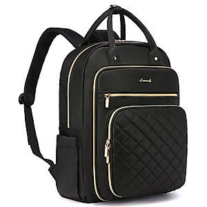 LOVEVOOK Laptop Backpack for Women, 17.3 Inch, Water Resistant, Lightweight, USB Charging, Quilted Commuter Backpack, Black
