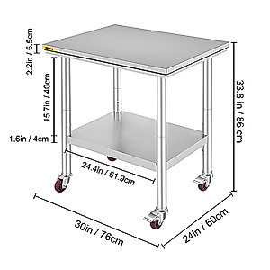 Mophorn Stainless Steel Work Table with Wheels 24 x 30 x 33.8 Inch Prep Table with 4 Casters Heavy Duty Work Table for Commercial Kitchen Restaurant Business