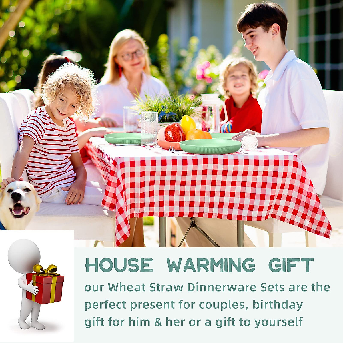 Sets of 8 Wheat Straw Dinnerware (64 Pcs) Microwave Safe Unbreakable Plates Bowls Cups Sets with Cutlery Utensils Colored Lightweight Plastic Dinnerware for Kids Adults Camping Picnic Dorm RV Kitchen