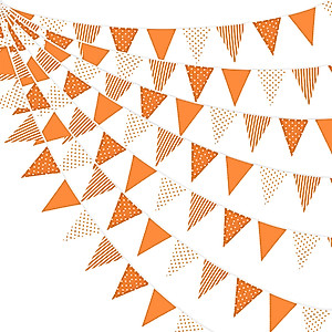 32Ft Orange Stripe Dot Triangle Flag Fabric Banner Cotton Pennant Garland Bunting Streamer for Fall Decor Autumn Wedding Birthday Party Thanksgiving Day Home Nursery Outdoor Garden Hanging Decoration
