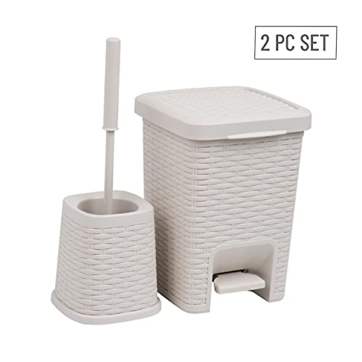 Mind Reader Basket Collection, Square Wastepaper Pedal Basket and Toilet Brush Set, Premium Wicker Design, 2 Piece Set, Bin is 7.75"L x 7.75"W x 11.25"H, Brush is 13"H, 7.75"L x 7.75"W x 11"H, Ivory
