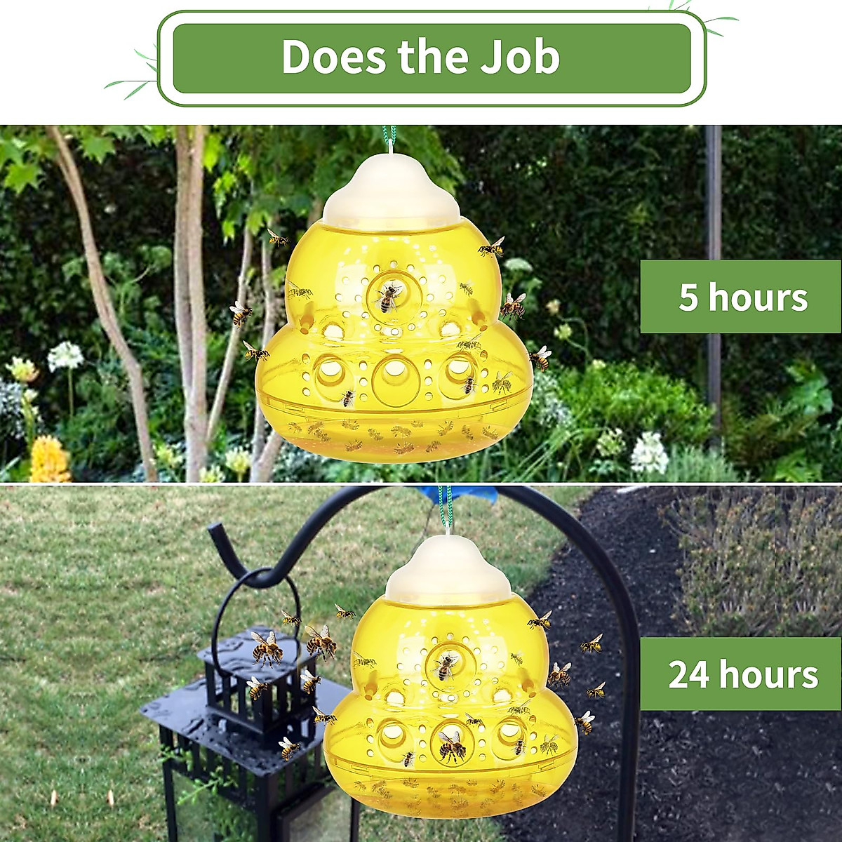 Wasp Trap for Outdoors, Effective Yellow Jacket and Hornet Catcher, Non-Toxic Reusable Hanging Bee Trap, Durable Outdoor Insect Killer - Yellow, 2 Pack