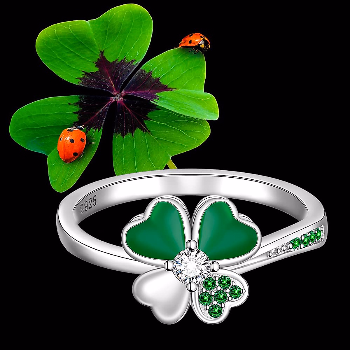 Talonior Irish Clover Ring for Women Sterling Silver St Patricks Day Gifts Shamrock Four Leaf Jewelry Green Holiday Prom Rings Size 8
