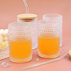 Vintage Drinking Glasses Set of 4 with Bamboo Lids and Straws, 16 oz Textured Clear Striped Ribbed Glassware Set Old Fashion Beaded Glass Cups Embossed Iced Coffee Cup for Beer, Cocktail, Beverage