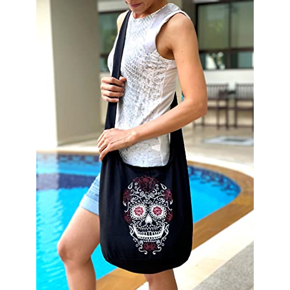 Fully Lined Sugar Skull Hippie Hobo Sling Crossbody Bag - Outside Phone Pocket, Metal Zippers, Wide Lined Shoulder Strap