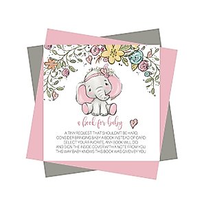 Cottage Elephant Books for Baby Shower Cards - 25 Pack - Cute Invitation Inserts for Girls - Bring a Book Instead of Cards Poem - Storybook Theme Ideas