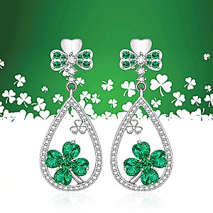 St Patricks Day Shamrock Earrings for Women Sterling Silver Studs Hypoallergenic Four Leaf Clover Green CZ Drop Dangle Earrings Jewelry Gifts