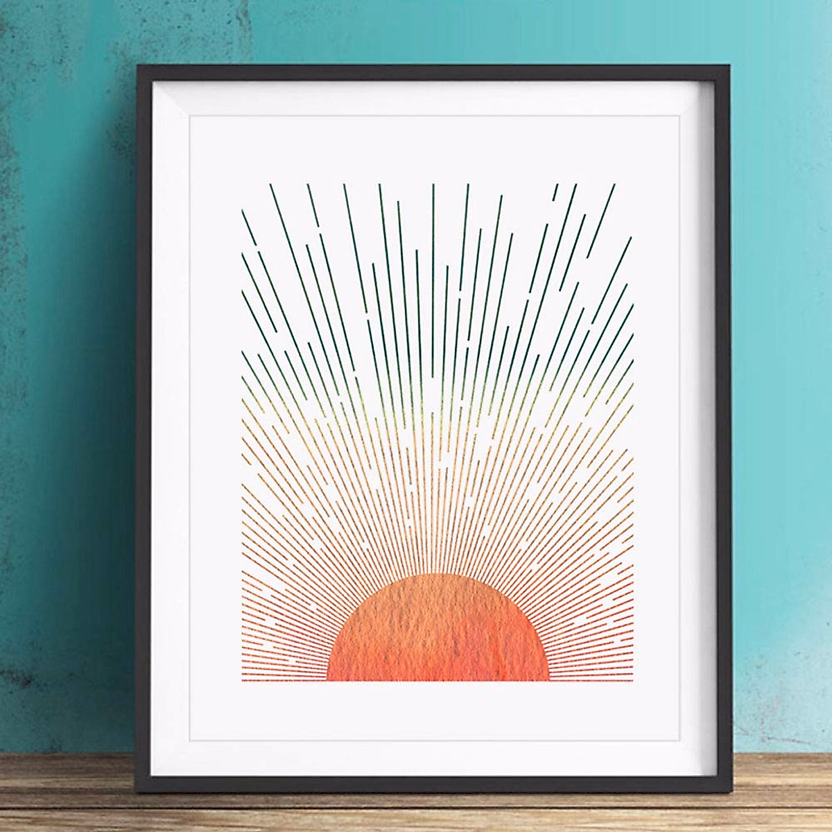 Sun Watercolor Art Print, Mid Century Modern Art, Abstract Sun Rays, Red and Green, Wall Picture, Living Room Wall Decor, 8x10 inch No Frame