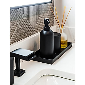 Jo Lavie Matte Black Bathroom Accessory Set 4 Pcs & Rectangle Vanity Tray, BathroomOrganizer Soap Dispenser Apothecary Jar Toothbrush Holder Toothbrush Cup Bathtub Tray Bathroom Organizer