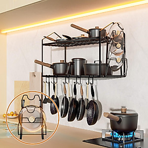 LADER 30Inch Wall Mounted Pot Rack, 2 Tiers Pots and Pans Organizer for Kitchen Organization & Storage, Large Size Black Hanging Pot rack, Wall Shelf with 5 connect Hooks