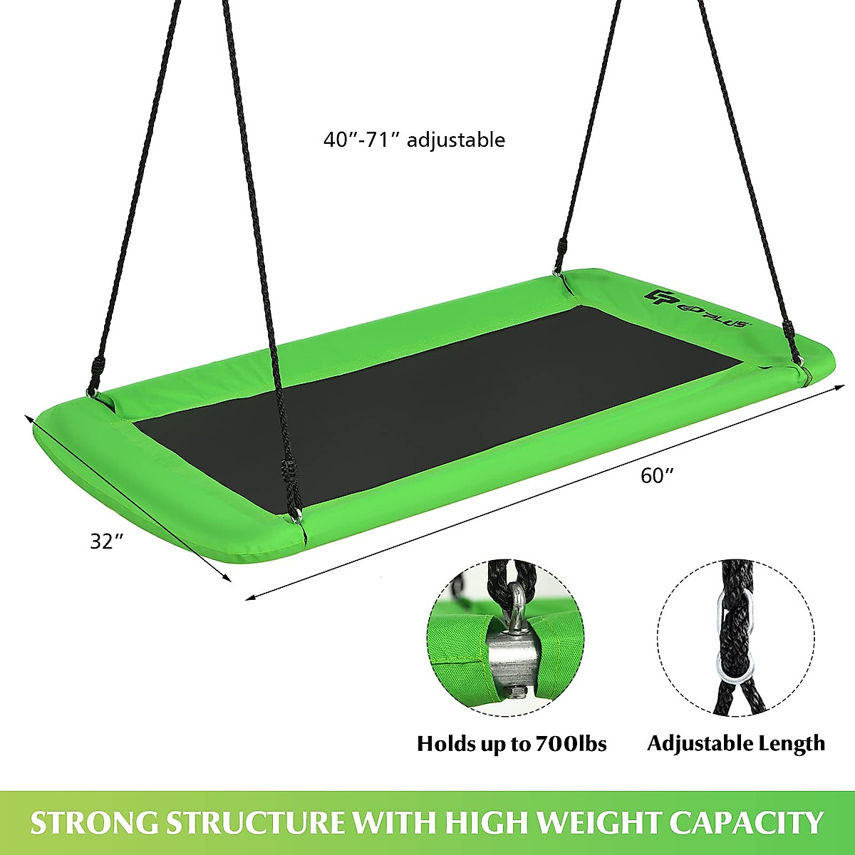 Goplus 700LBS 60 Inch Giant Platform Tree Swing for Kids and Adults, Indoor Outdoor Adjustable Rectangle Swing w/ 2 Hanging Straps & Steel Frame, Waterproof Swing Set for Yard Porch Backyard (Green)