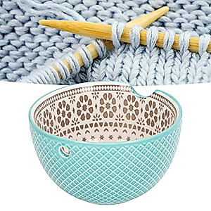 Ceramic Knitting Yarn Bowl Holder, Handmade Yarn Storage Bowl with Holes 6.1 X 3.7In DIY Crocheting Knitting Bowl Wool Holder for Crochet Knitting Gift for Moms and Grandmothers(Blue)
