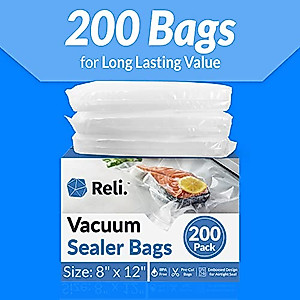 Reli. Vacuum Sealer Bags 8x12 in. | 200 Bags | Pre-Cut Embossed Vacuum Bags for Food | BPA Free | Vacuum Sealer Bags for Sous Vide, Food Freezer Storage/Food Prep | Quart Size, Clear