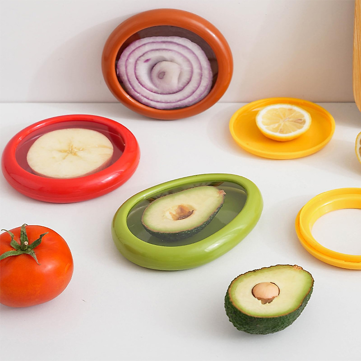 KAZETEC Set of 4 Reusable Silicone Fruit and Vegetable Storage Containers for Fridge - Keep Your Avocado, Onion, and Fruit Fresh and Organized in the Kitchen