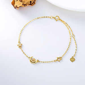 YDD 14k Solid Gold Star Moon Bracelets for Women Gold Star Bracelet Moon Bracelet Gold Moon and Star Bracelet Gifts for Birthday Christmas 6.5''-8.5''