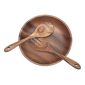 XD MEXL Wooden Bowl Wooden Salad Bowl Set, 9.45 inch Acacia Wood Large Salad Serving Bowl with Fork and Spoon, Handmade Wooden Mixing Bowl Utensils Set (3pcs)