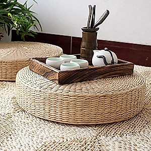 HUAWEL Meditation Cushion, 15.7inch / 40cm Dia Straw Floor Seat Cushion for Deep Thought Leisure Round Shape Soft Pouf Light Yellow Knitted Tatami Cushion