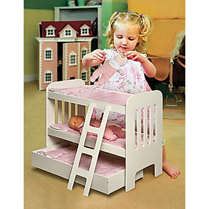 Badger Basket Toy Doll Bunk Bed with Trundle, Ladder, and Personalization Kit for 22 inch Dolls - White/Pink