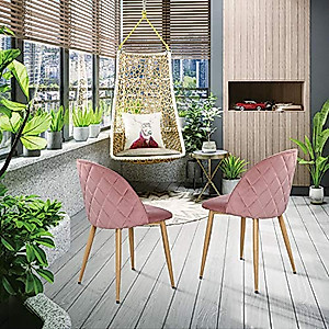 Topeakmart Dining Chairs Velvet Kitchen Chairs Living Room Chairs Mid Century Modern Accent Velvet Leisure Chairs Upholstered Side Chairs Vanity/Makeup Chairs with Metal Legs Pink, Set of 2