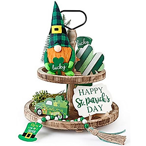 St Patricks Day Tiered Tray Decor, St Patricks Day Decorations Set with Gnomes Plush & 3 Wooden Signs & Wooden Bead Garland for The Home (Tray not Included)