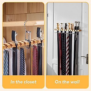 2 Pack Tie Rack Belt Hanger for Closet, 2 in 1 Tie Organizer Wall Mount, 12 Belts + 11 Ties Holder for Men, Wooden Belt Holder Storage for Belts Scarves