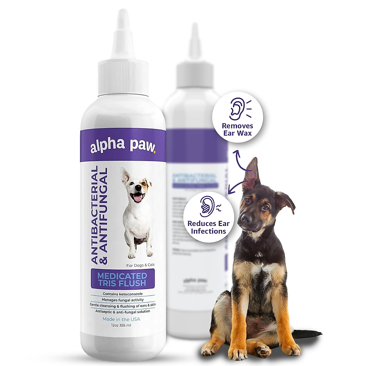 Smiling Paws Pets Medicated Tris Flush Dog Ear Cleaner Solution and Infection Treatment for Dogs and Cats Ear Flush for Dogs Ear Cleaner for Dogs & Cats - Cat & Dog Ear Wash Contains Ketoconazole 12oz