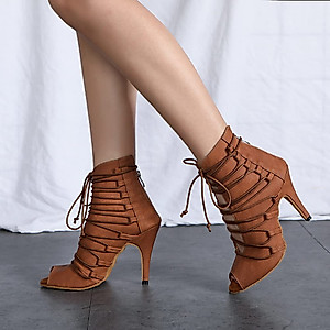 RUYBOZRY Women's Open Toe Latin Dance Boots Lace up Salsa Ballrooom Performence Practice Party Dance Shoes,YCL529-Brown-10,US 7.5