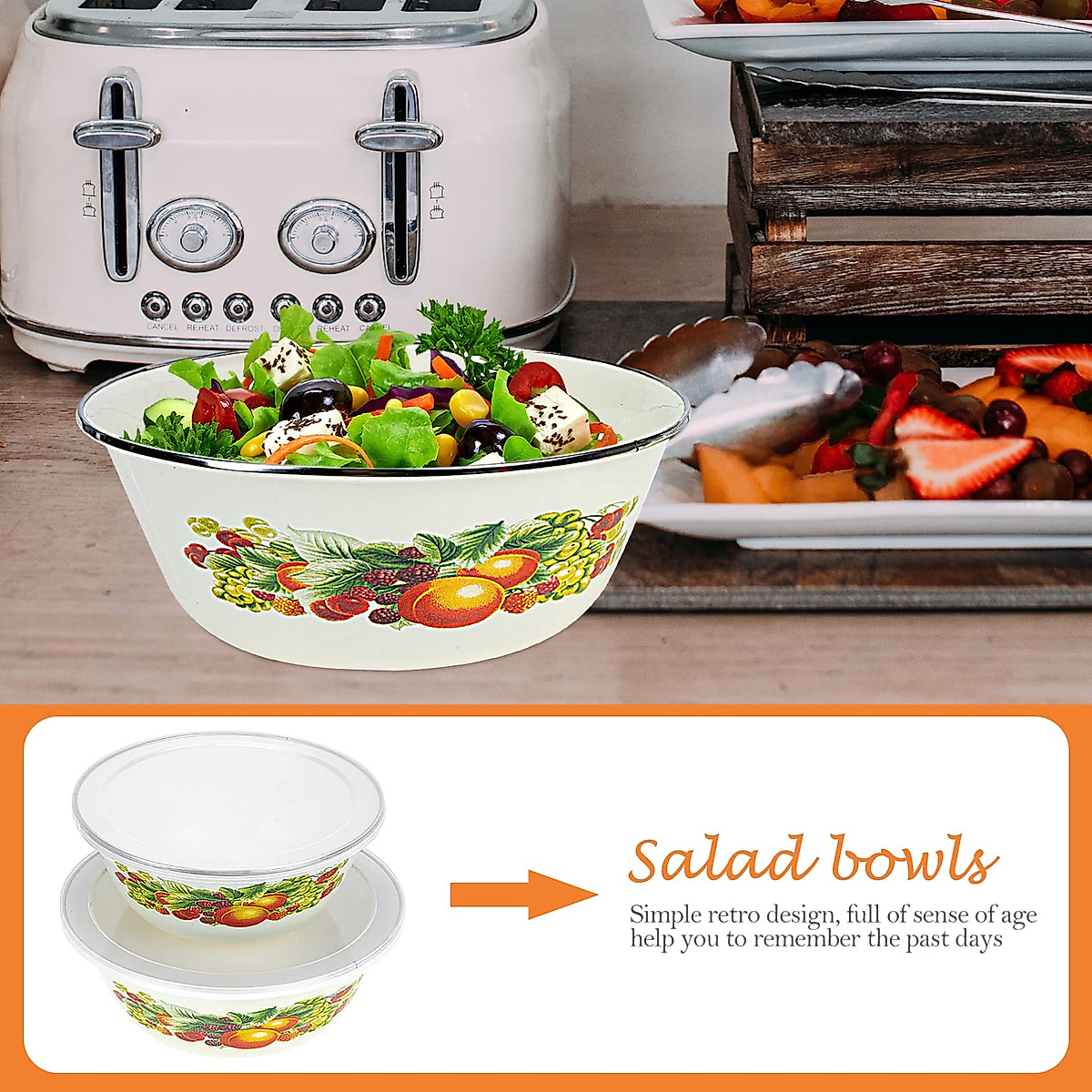 Angoily 2 Sets of Enamel Bowls with Lids Enamelware Soup Basins Vintage Salad Bowl Enamel Noodle Bowls Round Serving Bowl Vegetable Fruit Containers