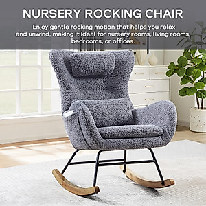 NIOIIKIT Nursery Rocking Chair, Teddy Upholstered Glider Rocker with Headrest and Lumbar Pillow, High Backrest Rocking Accent Chair with Side Pocket, Comfy Armchair for Living Room (Grey)