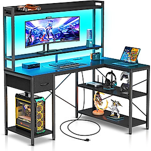 Seventable Gaming Desk with LED Light & Power Outlets, 47 inch Computer Desk with Shelves, Reversible L Shaped Desk with Monitor Stand, Corner Desk for Small Space, Black