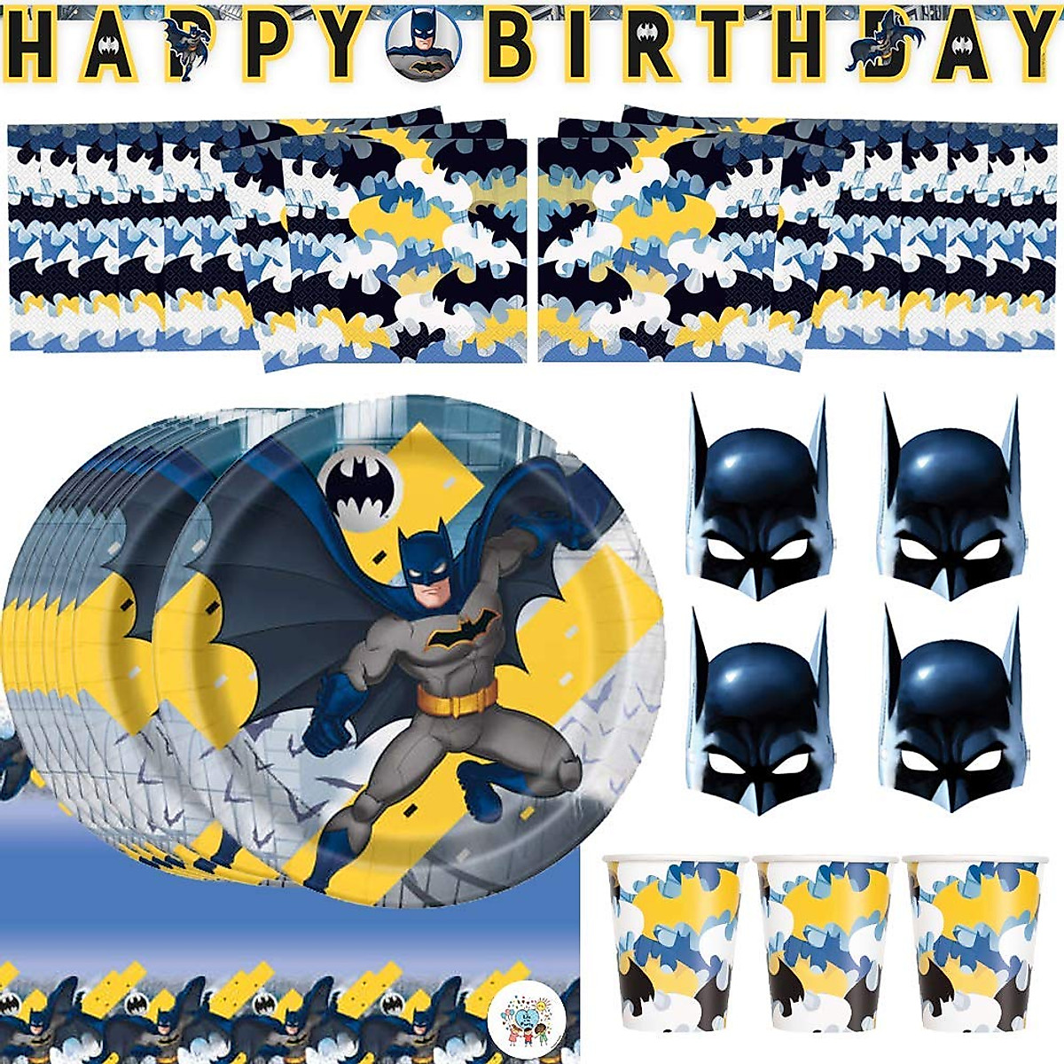 Batman Birthday Party Supplies Pack for 16 Guests with Batman Masks, Plates, Cups, Napkins, Table Cover, Birthday Banner and an Exclusive Pin, by Another Dream