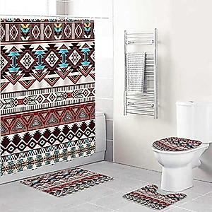 4 Pcs Shower Curtain Sets with Rugs Aztec American Southwestern Native Navajo Ethnic Tribal Vintage Boho Geometric Durable Shower Curtain Sets with 12 Hooks Waterproof Shower Curtain for Bathroom Set