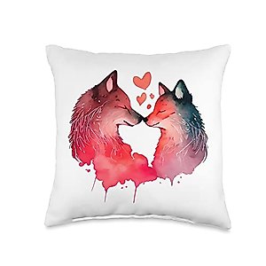 Unique Wolf Lover Decor & Apparel Gifts Shop Two Wolves in Love Valentine's Wolf Throw Pillow, 16x16, Multicolor