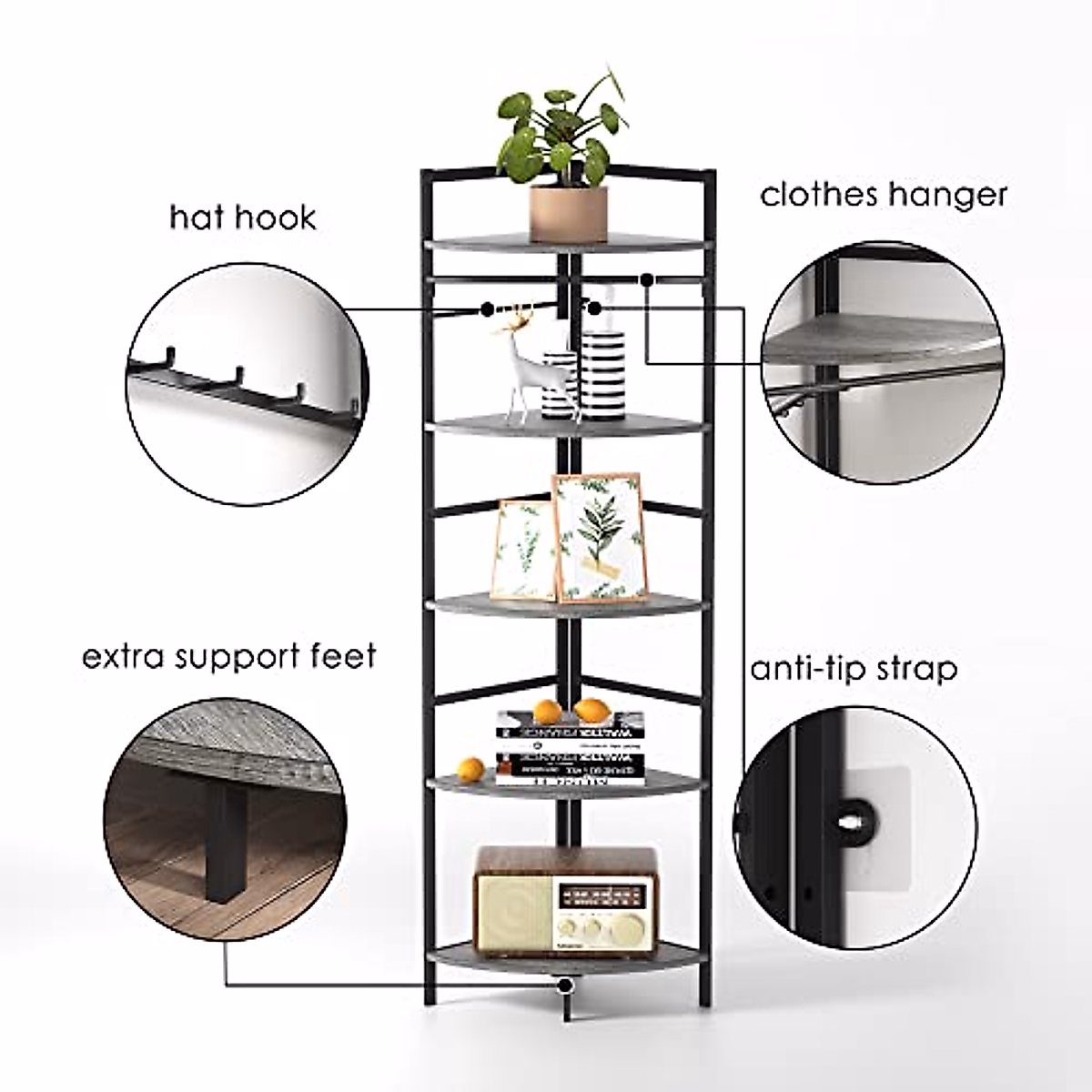 QNICE 5 Tier Industrial Corner Shelf Stand, Tall Rustic Coat Rack, Wood and Metal Corner Shelving (Dark Grey Oak)