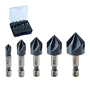 toolant Noir-Ti Cobalt Countersink Drill Bit Set(Pro), Titanium Aluminum Nitride Coated with Quick Change Hex Shank, 5-Piece 1/4" - 3/4"