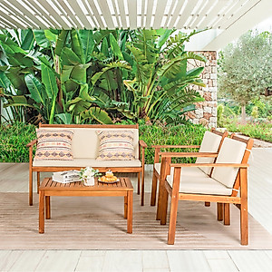 Greesum 4 Piece Bistro Patio Furniture Outdoor Chat Chair Set with Water Resistant Cushions and Coffee Table for Beach Backyard Garden, Acacia Wood