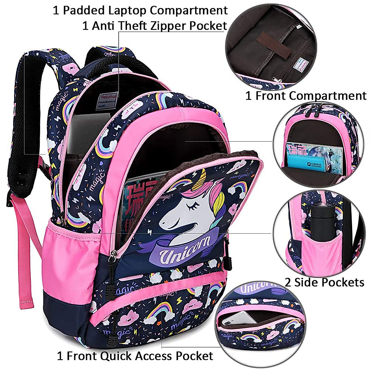Girls School Backpacks with Lunch Box Unicorn Backpack School bag 3 in 1 Bookbag Set for 8+ Years Old Elementary