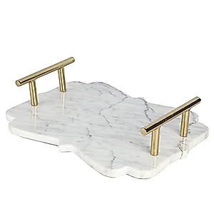 MyGift Deluxe Designer White Marble Modern Shaped Serving Tray with Scalloped Edge and Vintage Style Brass Tone Handles, Elegant Decorative Tray Home Decoration - Made in India