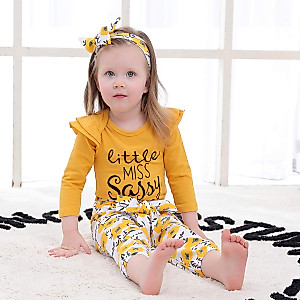 PigMaMa 3 Pcs Infant Baby Girl Clothes Ruffle Long Sleeve Romper Flower Trouser Headband Outfits Sets 0-6 Months