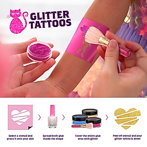 Temporary Shimmery Tattoo Studio Kit for Kids - Glitter & Metallic Fake Tattoos for Girls - Easter Birthday Gift Ideas for Girl - Craft Kits Toys for Ages 6, 7, 8, 9, 10, 11 Year Old - Cool Gifts