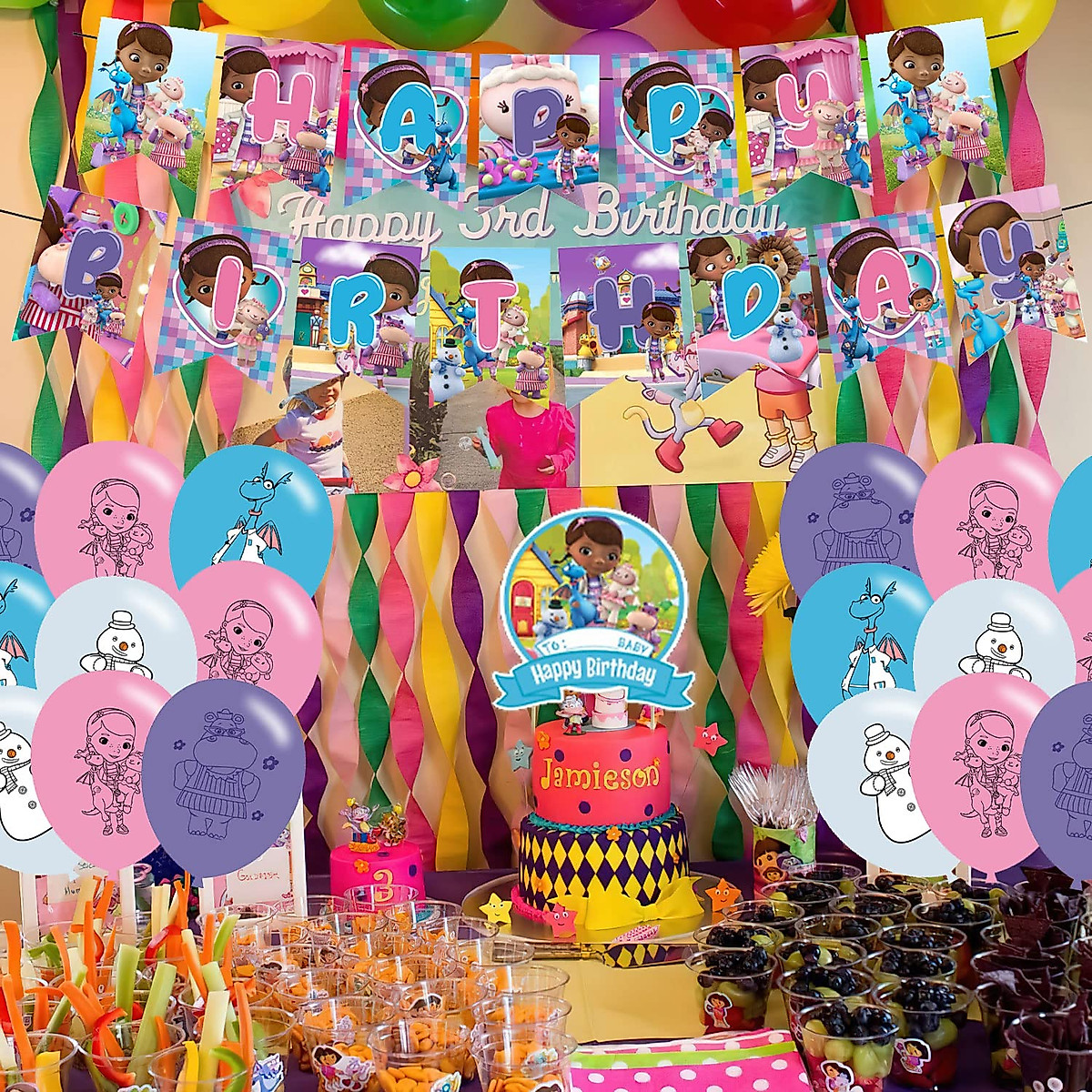 Doc McStuffins Party Decorations,Birthday Party Supplies For Doc McStuffins Party Supplies Includes Banner - Cake Topper - 12 Cupcake Toppers - 20 Balloons - 3 Doc Girl Honeycomb Centerpieces