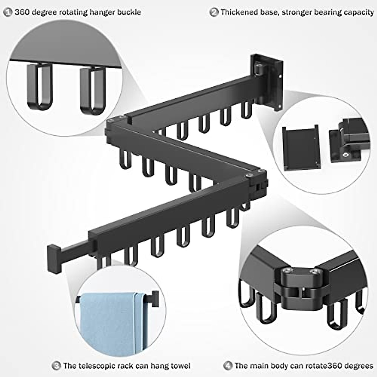BOQORAD Aluminum Clothes Drying Rack,Wall Mounted Space-Saver,Retractable,Collapsible, Strong Load-Bearing,for Balcony,Laundry,Wardrobe,Kitchen,Parlour,Bathroom,Bedroom（Windproof Ring, Three Pole）