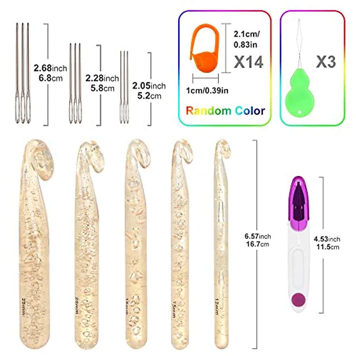 Vodiye 32 Pcs Crochet Hooks Set, Ergonomic 12mm-25mm Large Crochet Hooks for Chunky Yarn, Professional Huge Crochet Needles and Accessories for DIY Crafts, Carpets, Scarves