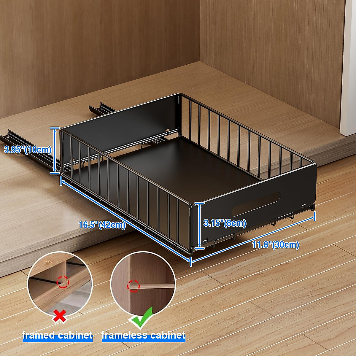 MUSTORN 2 Pack Pull Out Cabinet Organizer, Slide Out Drawers for Cabinets Peel and Stick Pull Out Drawers Heavy Duty Pull Out Shelves for Kitchen,Cupboard,Pantry,Bathroom (16.5"D*11.8"W*3.94"H-Black)